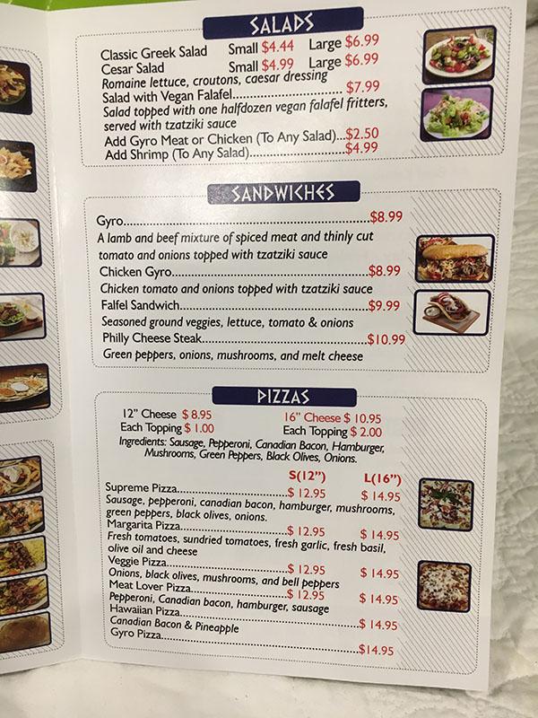 Menu at Greek Gyros restaurant, Georgetown