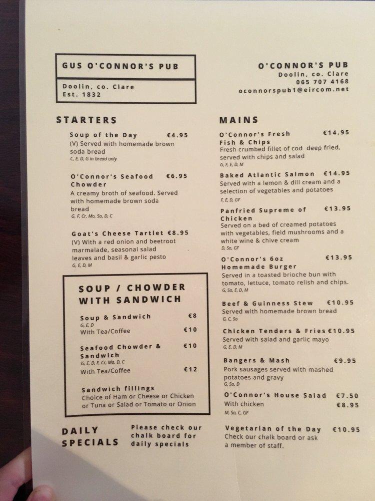 Menu at Gus O'Connor's Pub, Doolin