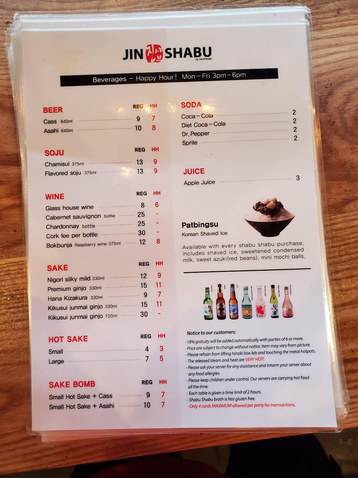 Menu at Jin Shabu restaurant, Chandler