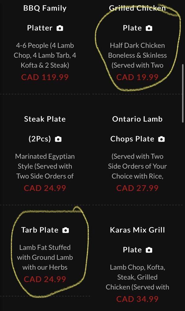 Menu at Karas Egyptian Restaurant, Mississauga