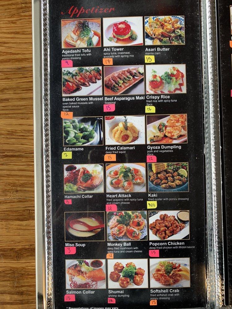 Menu at Midori Sushi restaurant, Tehachapi
