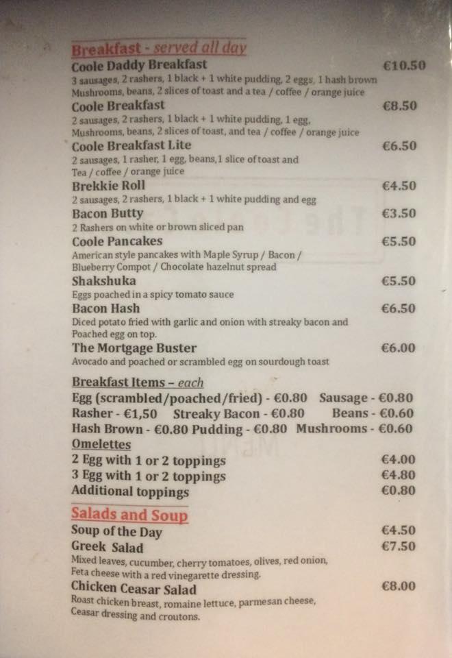 Menu at The Coole Cafe, Rathcoole