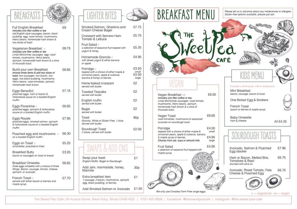 Menu at The Sweet Pea Cafe, West Kirby