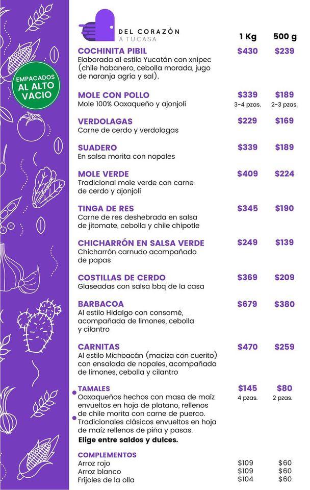 Menu at Del corazón a tu casa, Naucalpan
