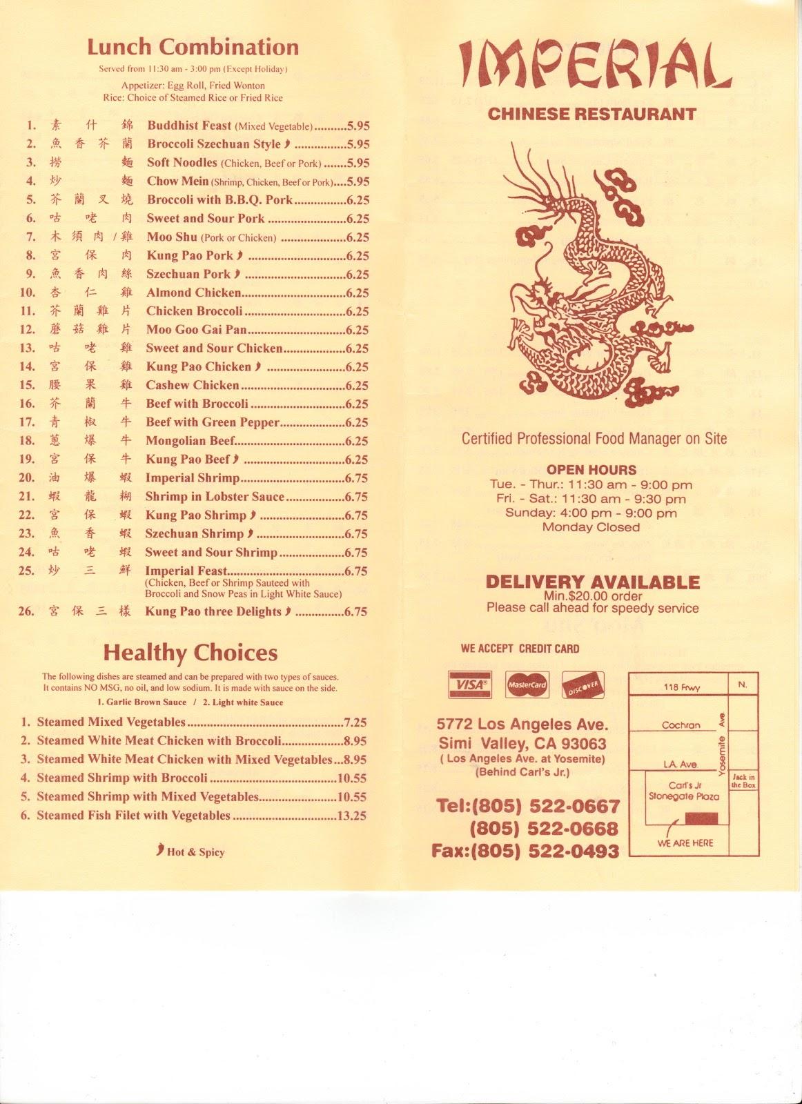 Menu at Imperial Chinese Restaurant, Simi Valley