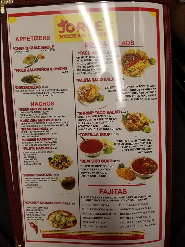 Menu at Jorge's Mexican Kitchen restaurant, Jones