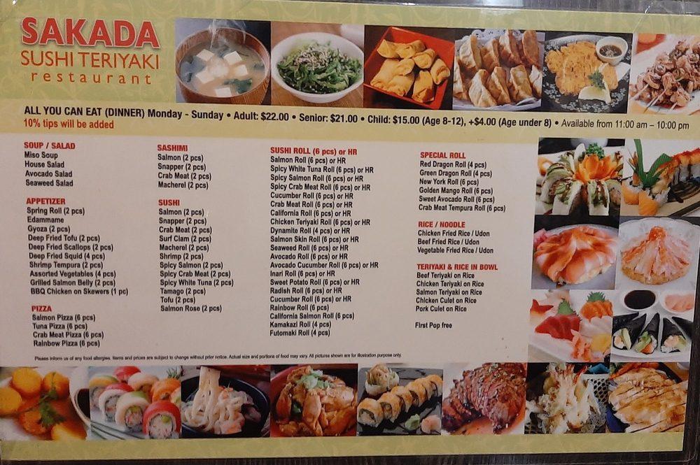Menu at Sakada Sushi Teriyaki Restaurant, Pickering