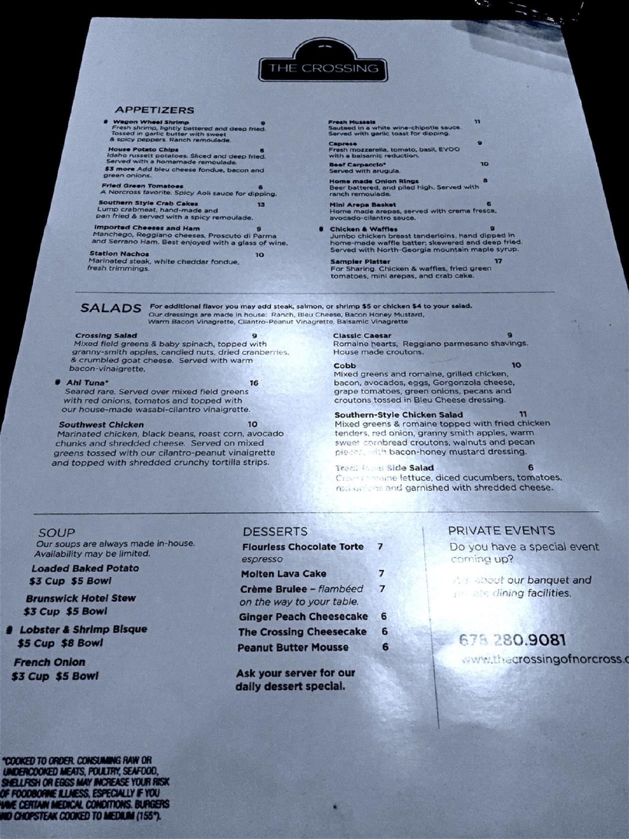 Menu at The Crossing Steakhouse, Norcross