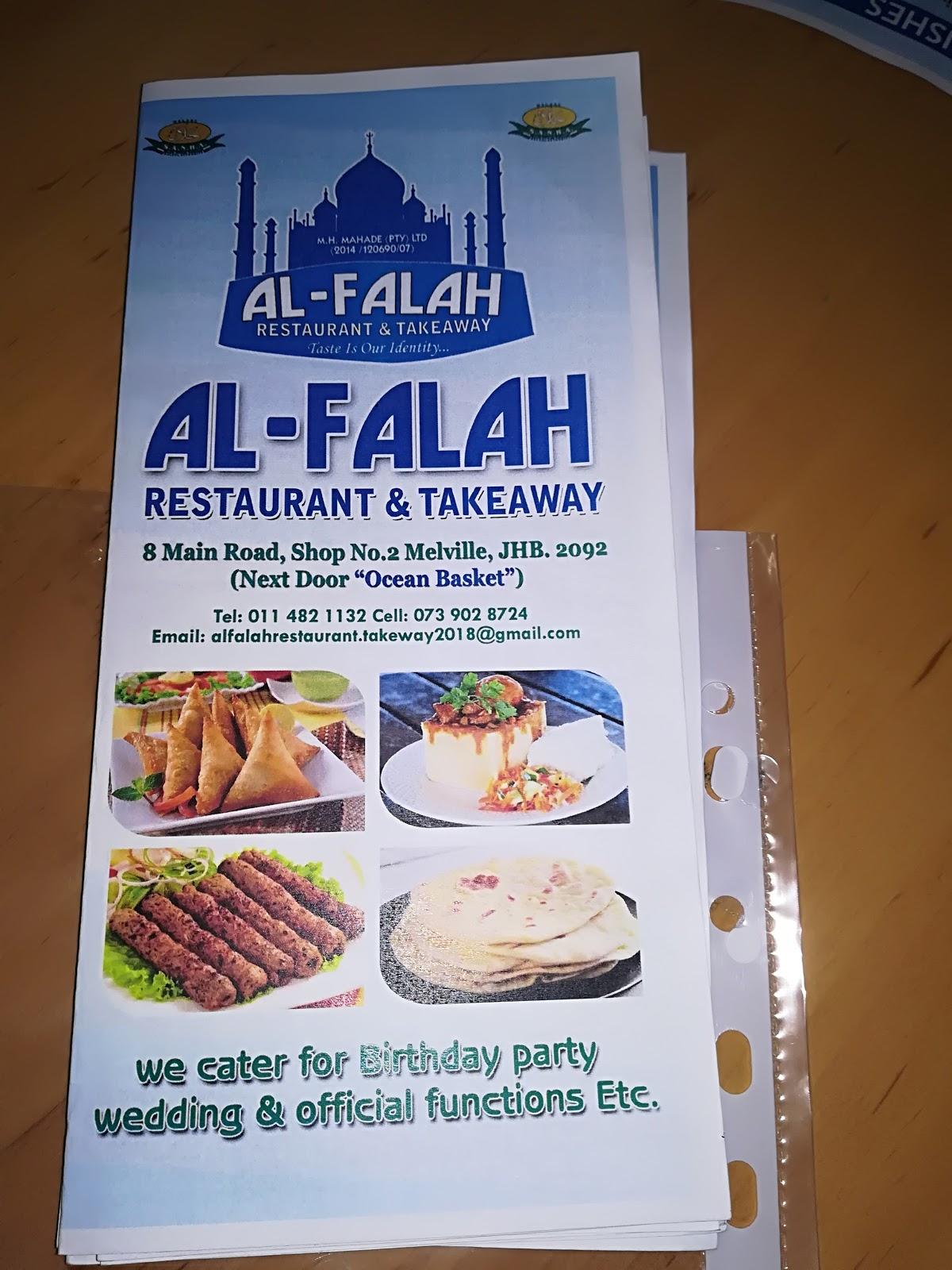 Carta de al-falah restaurant & takeway, Johannesburgo, 8 Main Rd