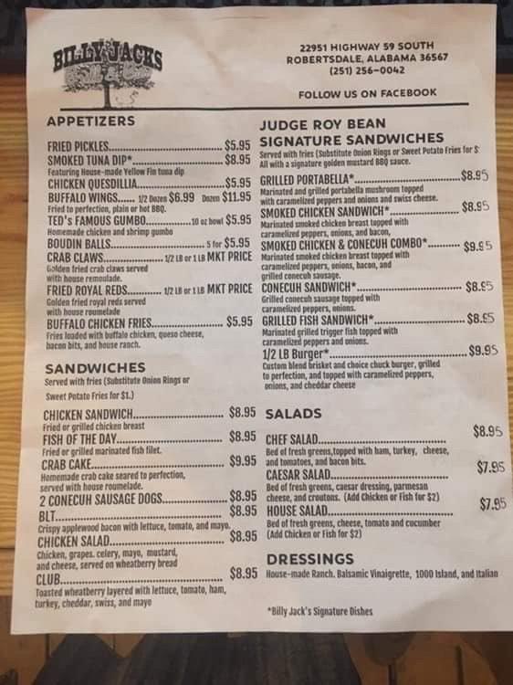 Menu at Billy Jacks Grill & Bar, Robertsdale