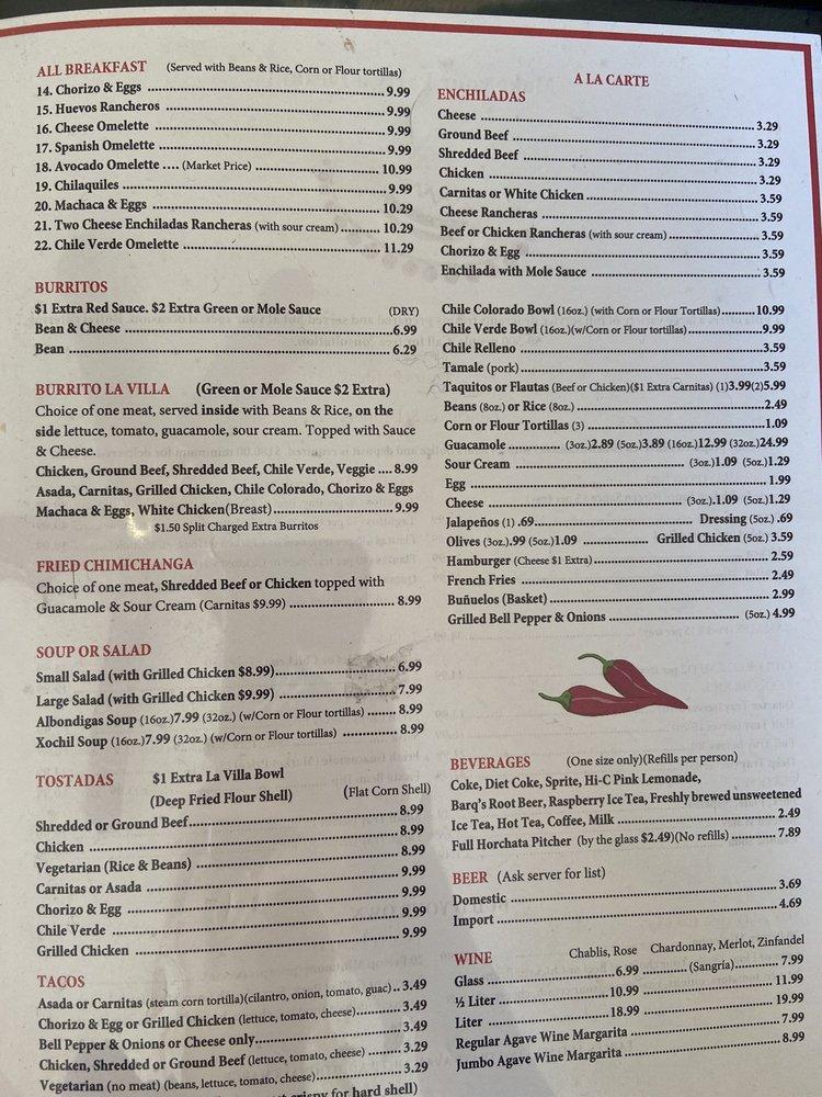 Menu at La Villa Mexican Food restaurant, Gardena, Crenshaw Blvd