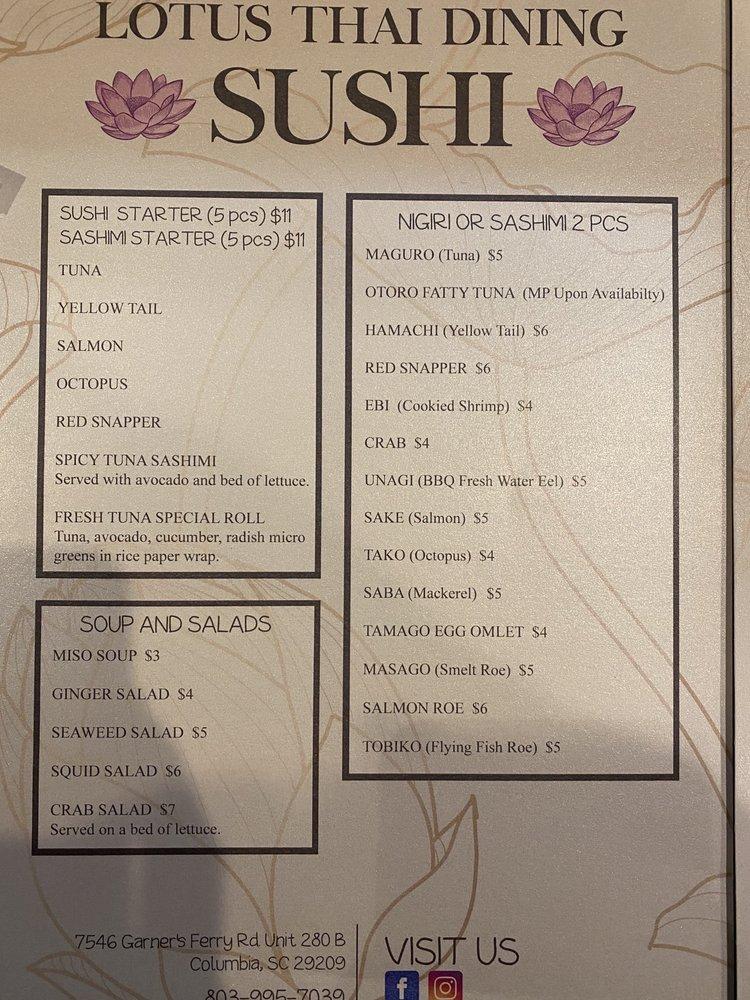 Menu at Lotus Thai Dining restaurant, Columbia
