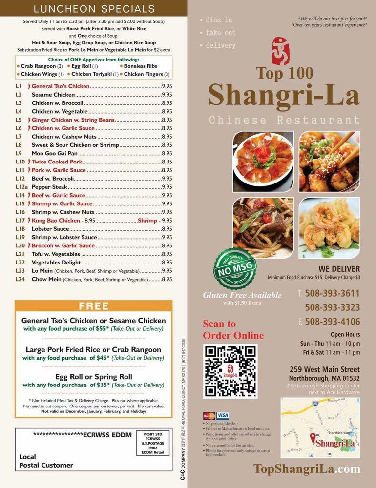 Menu at Shangri-La restaurant, Northborough