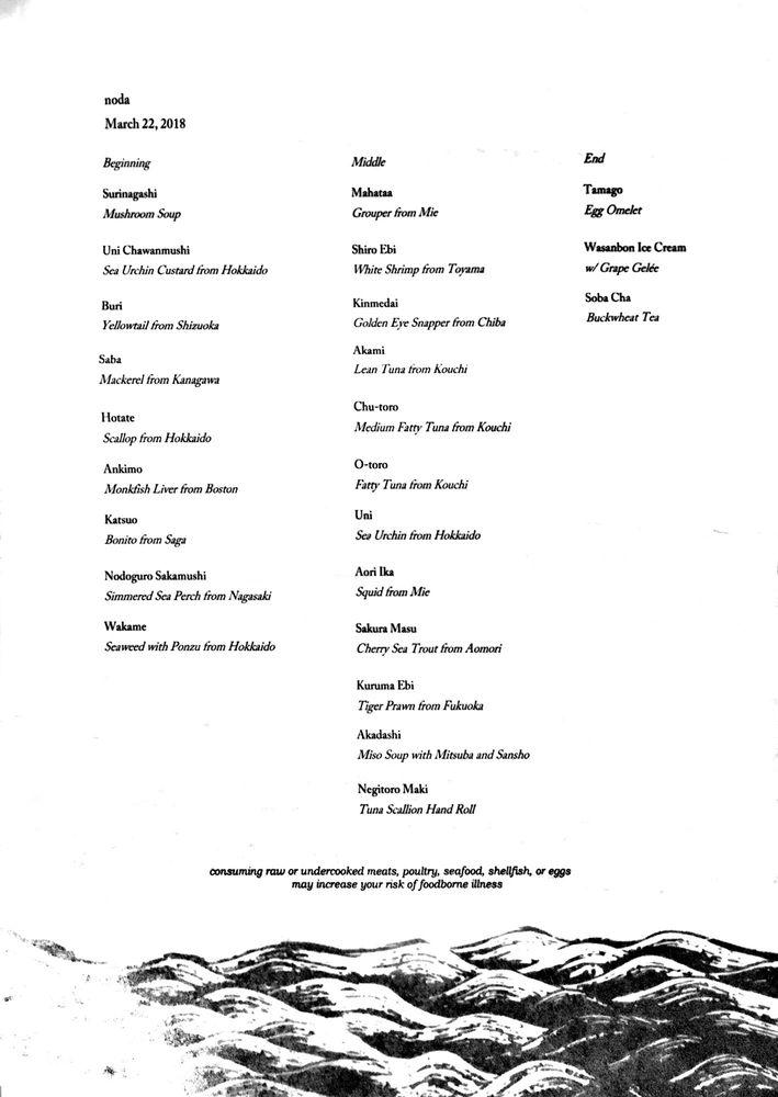 Menu at noda restaurant, New York City
