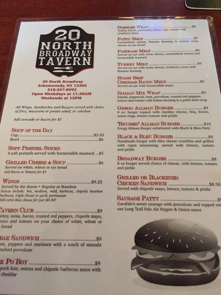 Menu at 20 North Broadway Tavern pub & bar, Schenectady