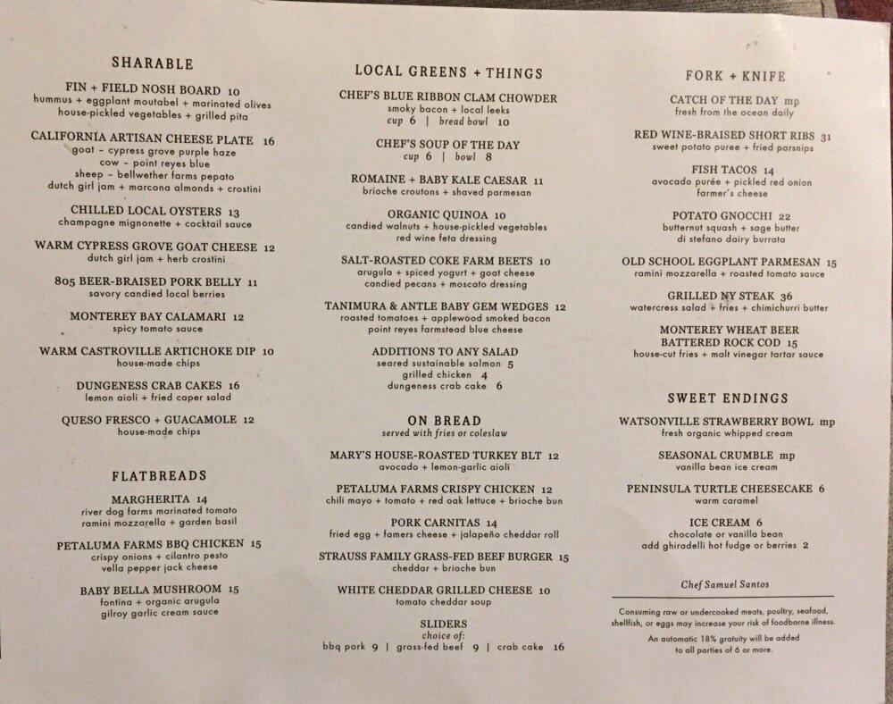 Menu at Fin + Field Restaurant and Bar, Monterey
