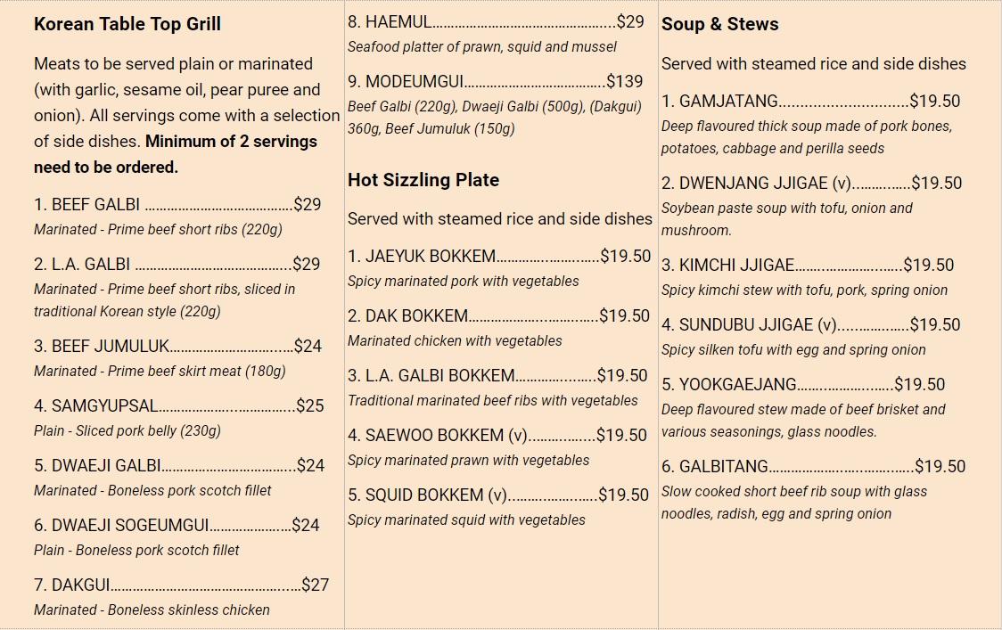 Menu at Hann Sang restaurant, Whangarei