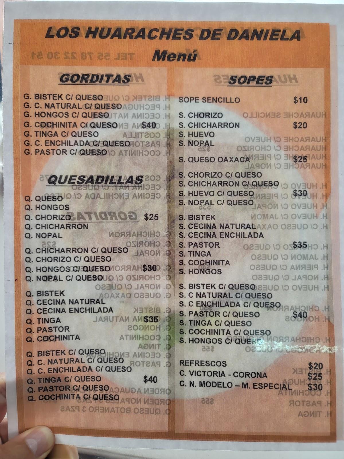 Carta del restaurante Huaraches De Daniela, Ciudad del México