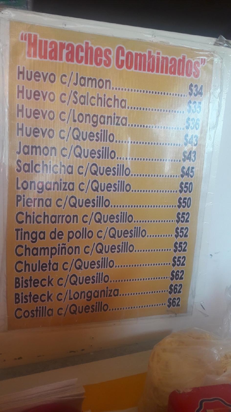 Menu at Huaraches De Oriente restaurant, Mexico