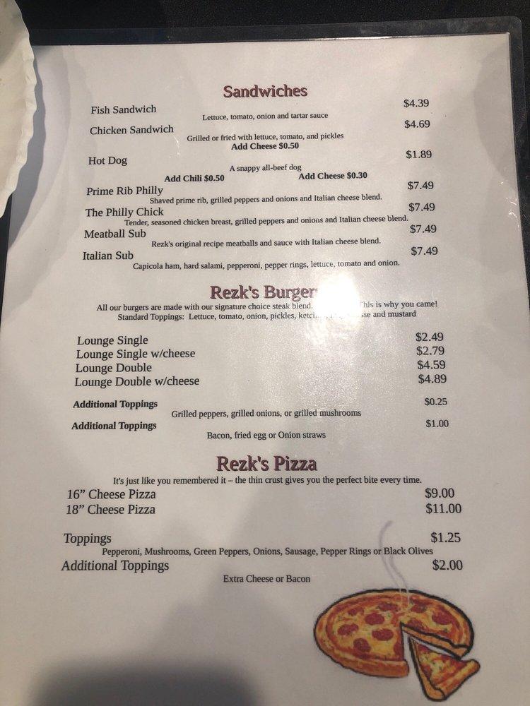 Menu at Rezks Burger Lounge pizzeria, Northern Cambria