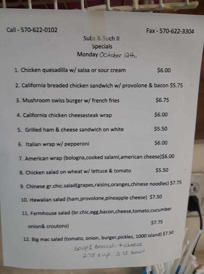 Menu at Subs N' Such restaurant, Pottsville