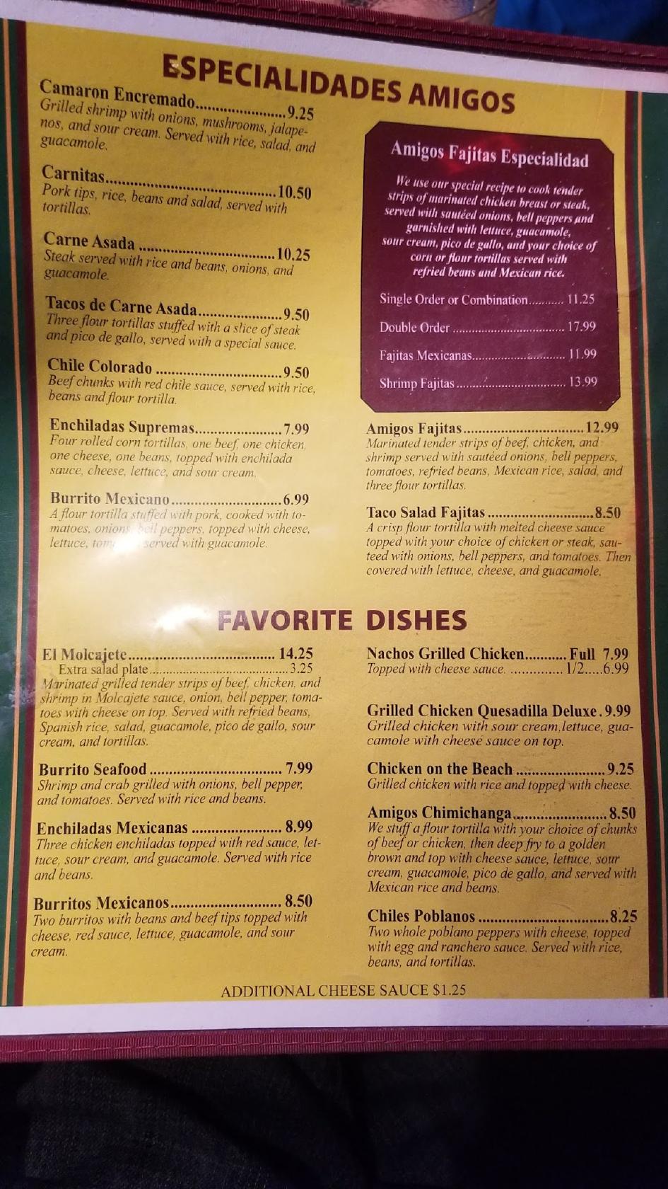 Menu at Tacos Amigos restaurant, Mattoon