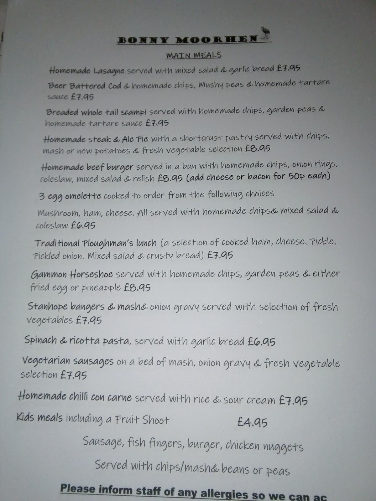 Menu at The Bonny Moorhen pub & bar, Stanhope