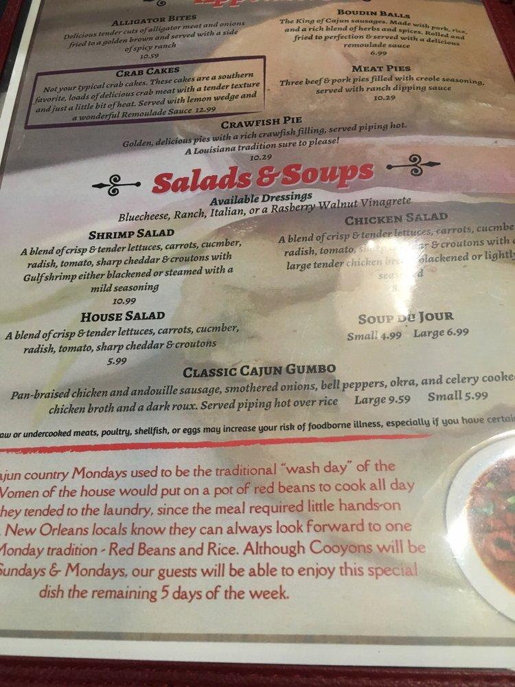 Menu at Cooyons restaurant, Mountain Home