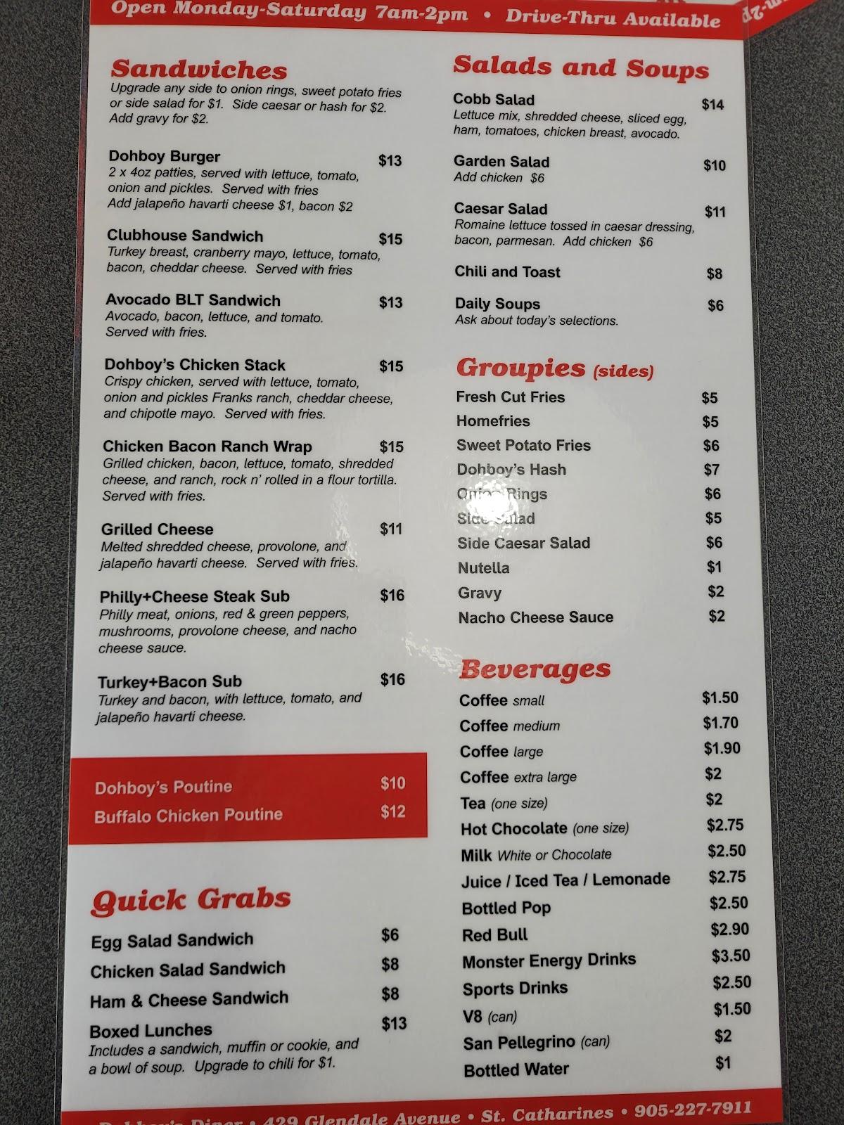 Menu at Dohboy's Diner restaurant, St. Catharines