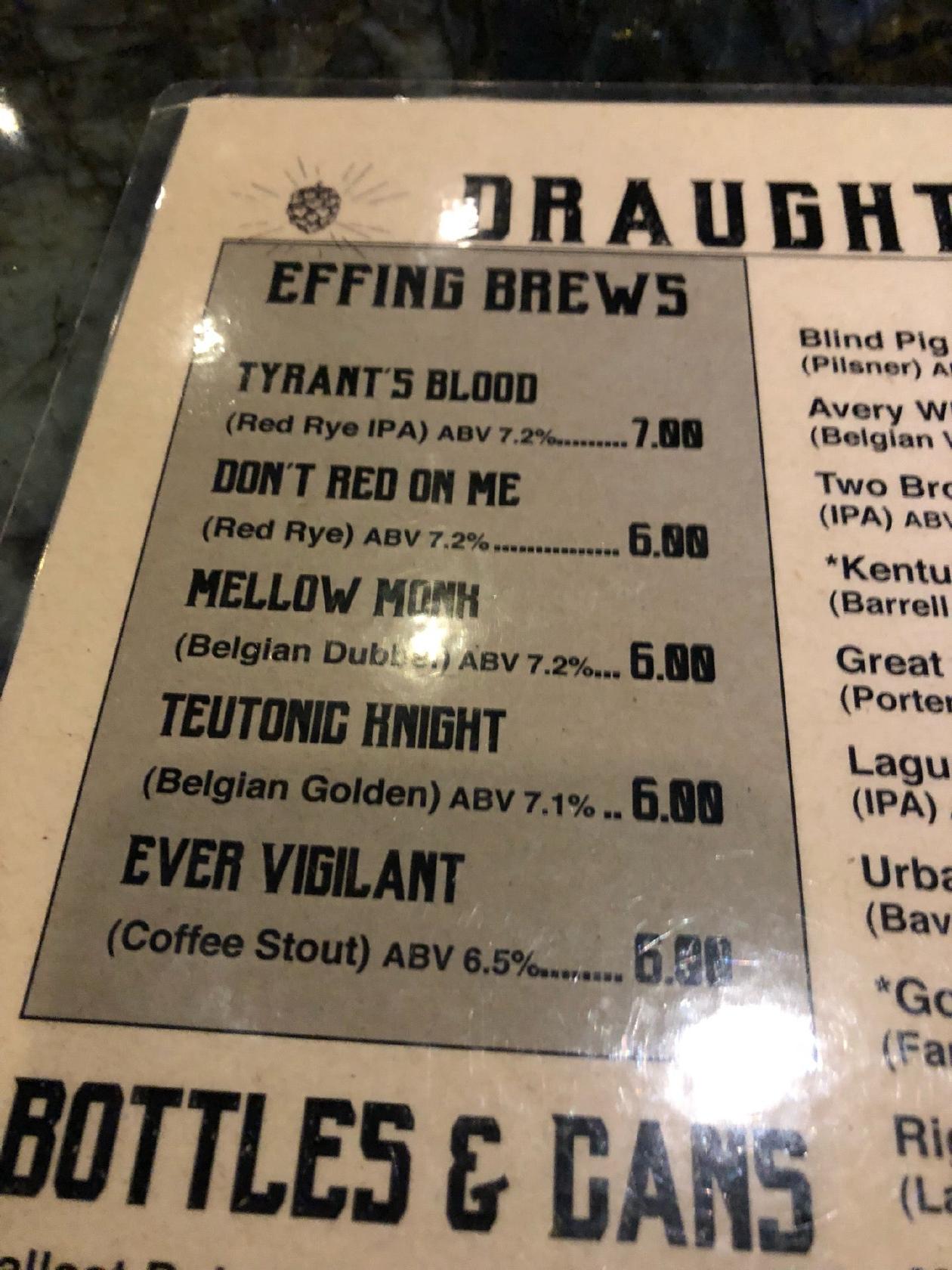 Menu at Effing Brew Company pub & bar, Effingham