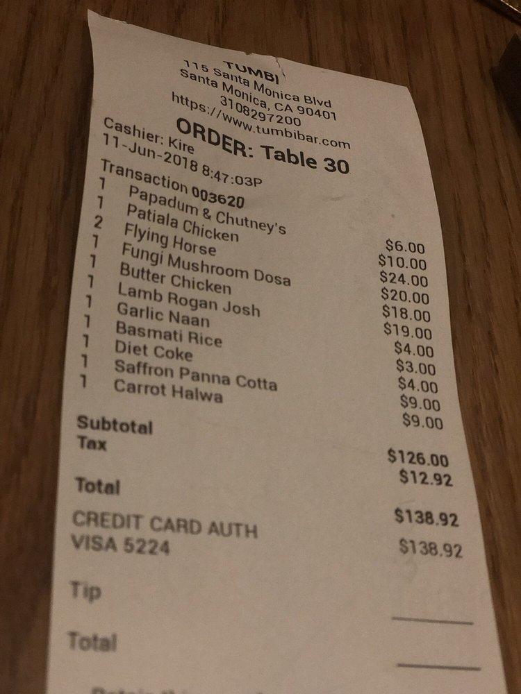 Menu at Tumbi Craft restaurant, Santa Monica