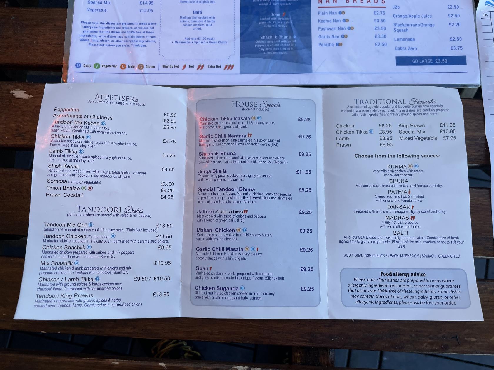 Menu at The Bay Of Bengal restaurant, Tenby
