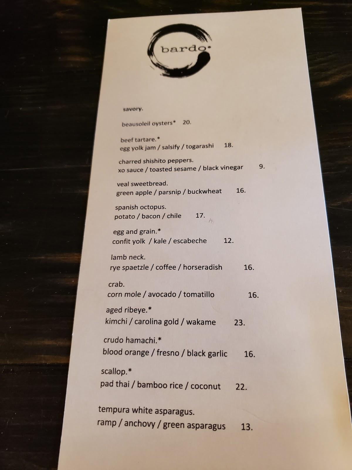 Menu at Bardo, Charlotte