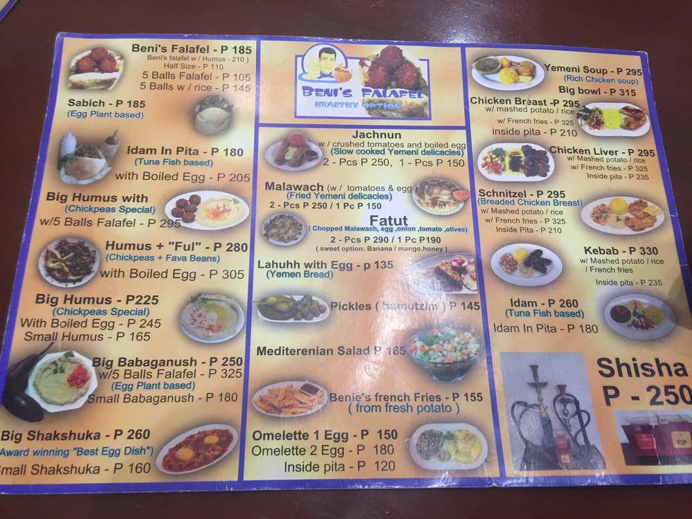 Menu at Beni's Falafel restaurant, Makati, H28H+7FW