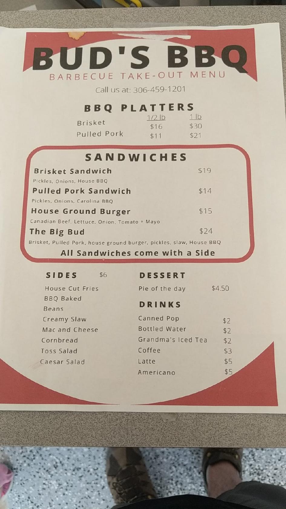 Menu at Bud's BBQ, Ogema