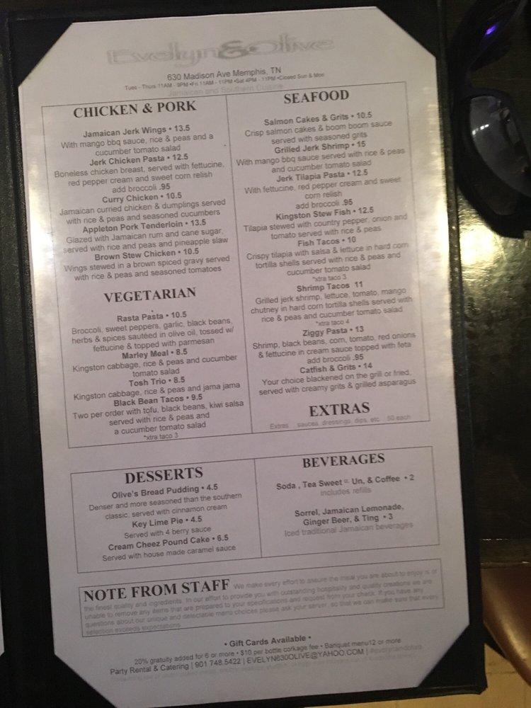 Menu at Evelyn & Olive restaurant, Memphis