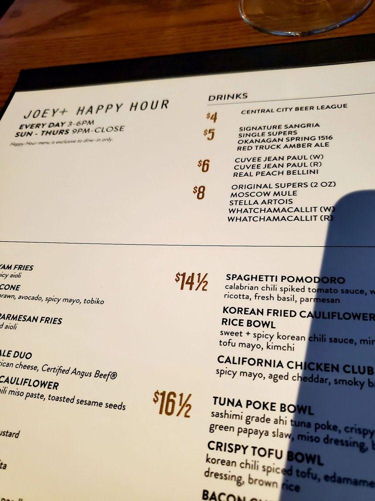 Menu at JOEY Shipyards steakhouse, North Vancouver