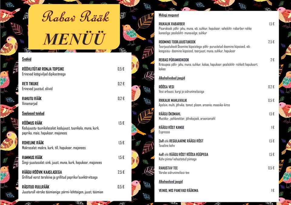 Menu at Kodukohvik "Rabav Rääk" restaurant, Tartu