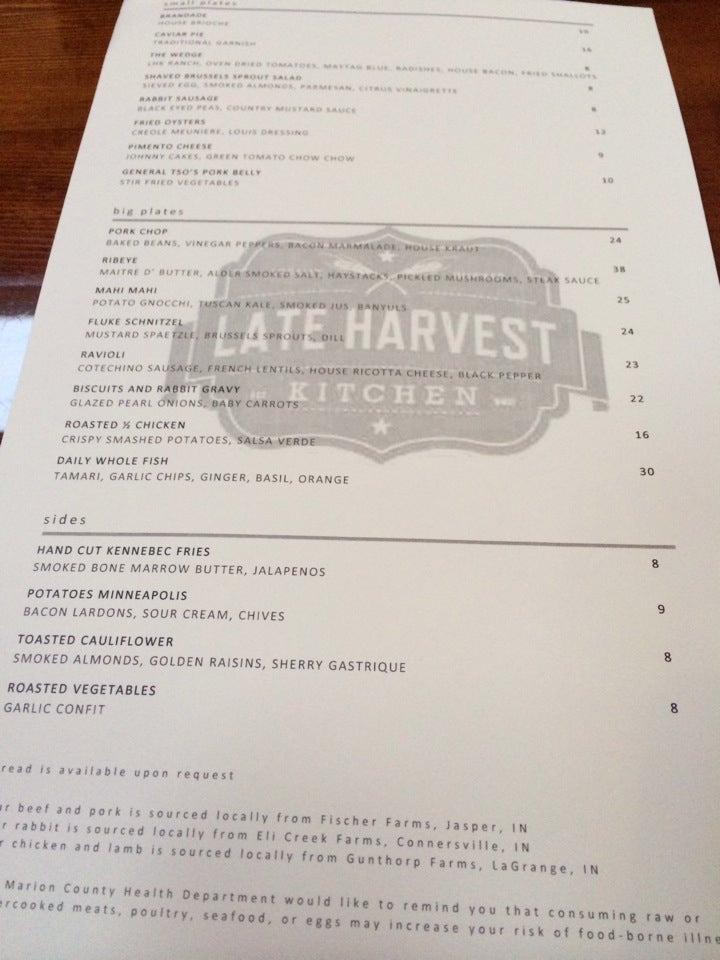 Menu at Late Harvest Kitchen restaurant, Indianapolis
