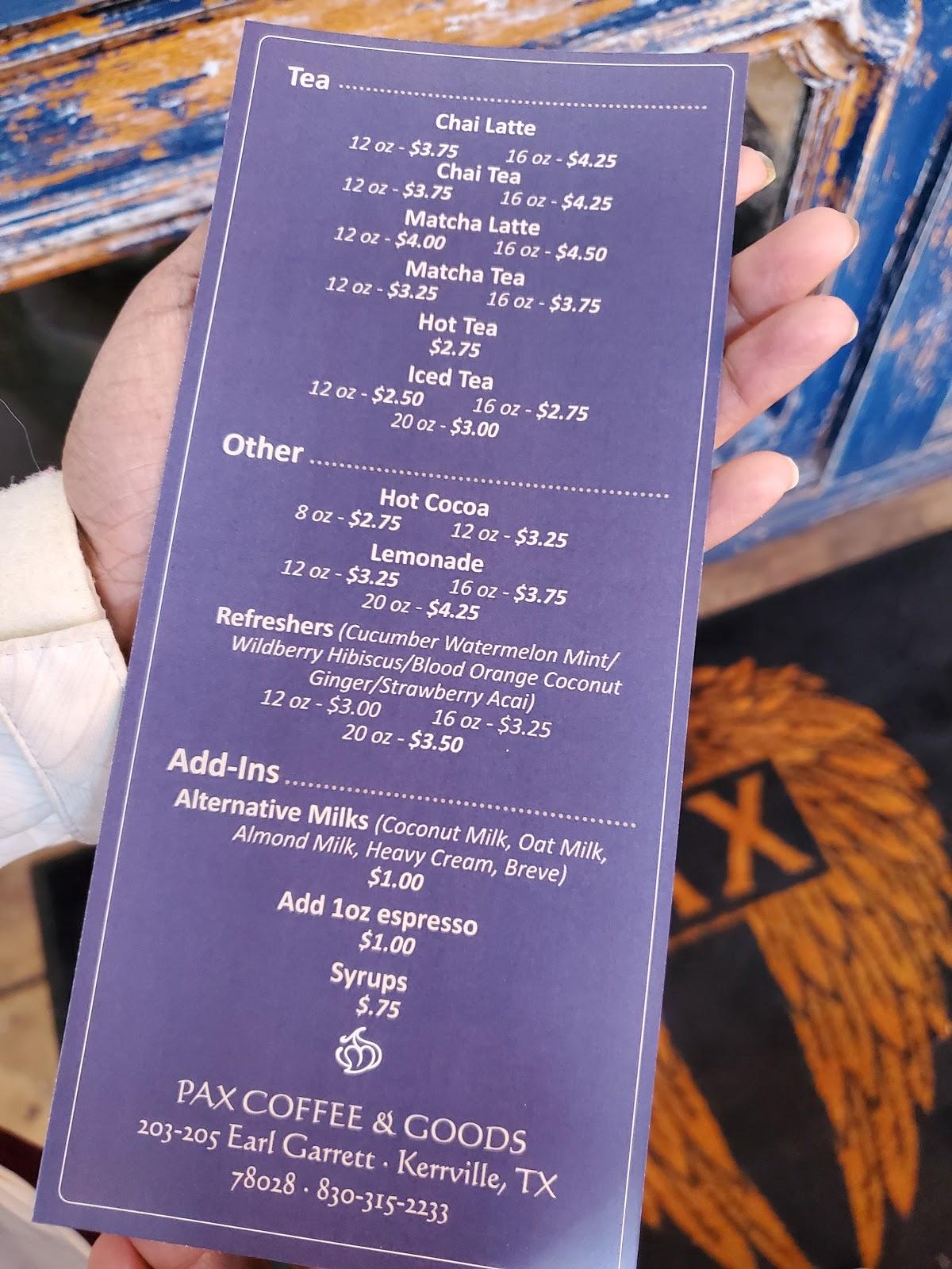 Menu at PAX Coffee Shop cafe, Kerrville
