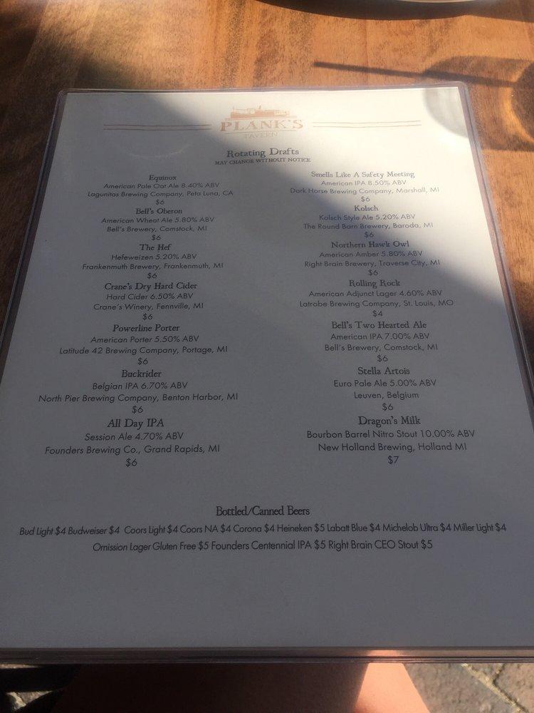 Menu at Plank's Tavern on the Water pub & bar, Saint Joseph