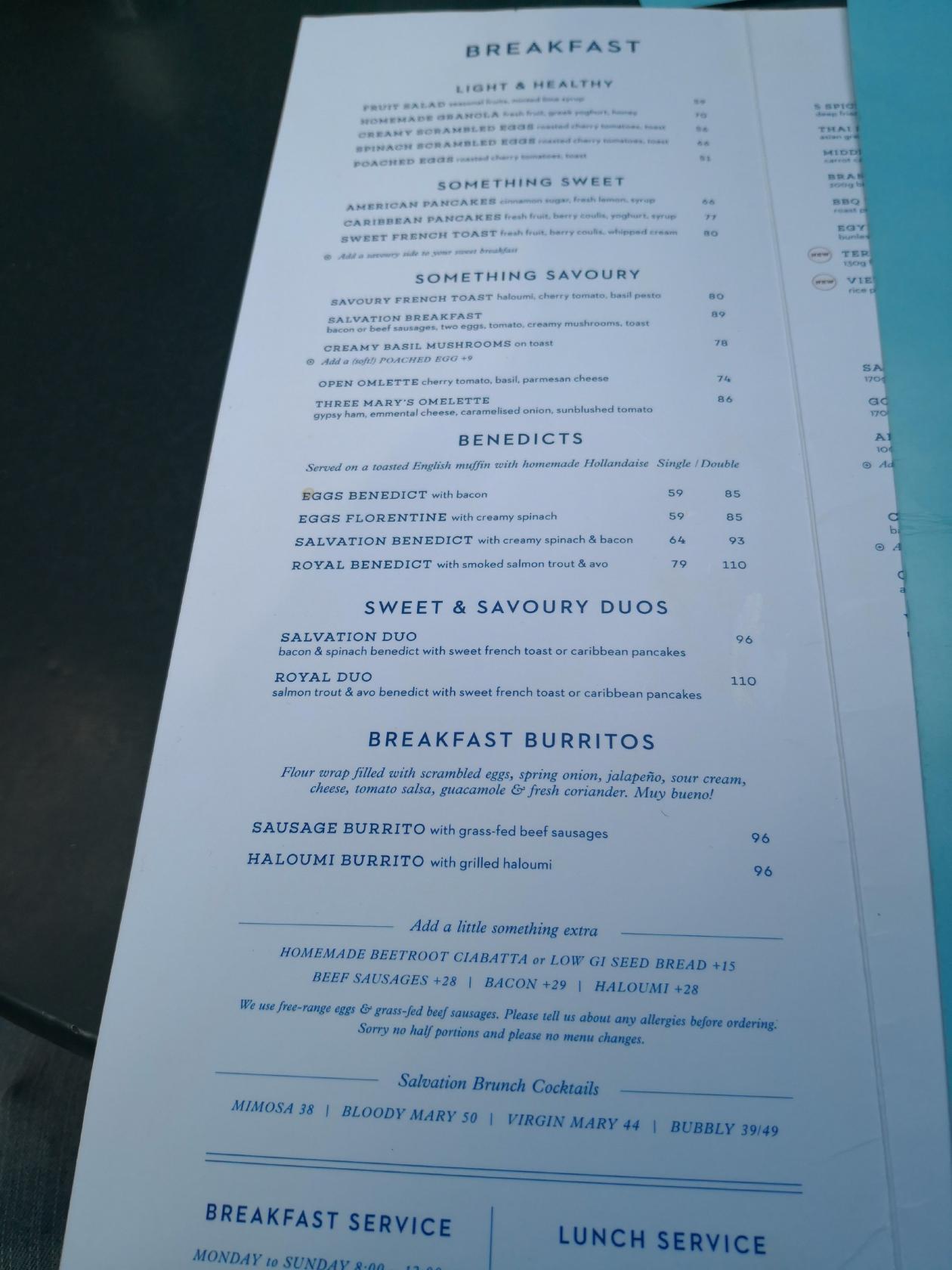 Menu at Salvation Cafe, Johannesburg