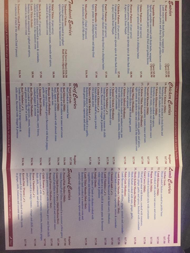 Menu at Noor Indian Restaurant, Chapel Hill
