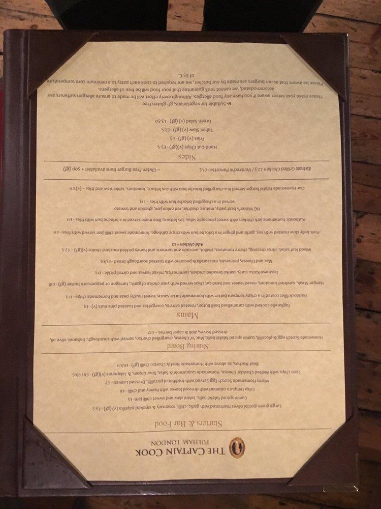 Menu at The Captain Cook pub & bar, London, 203-205 Dawes Road