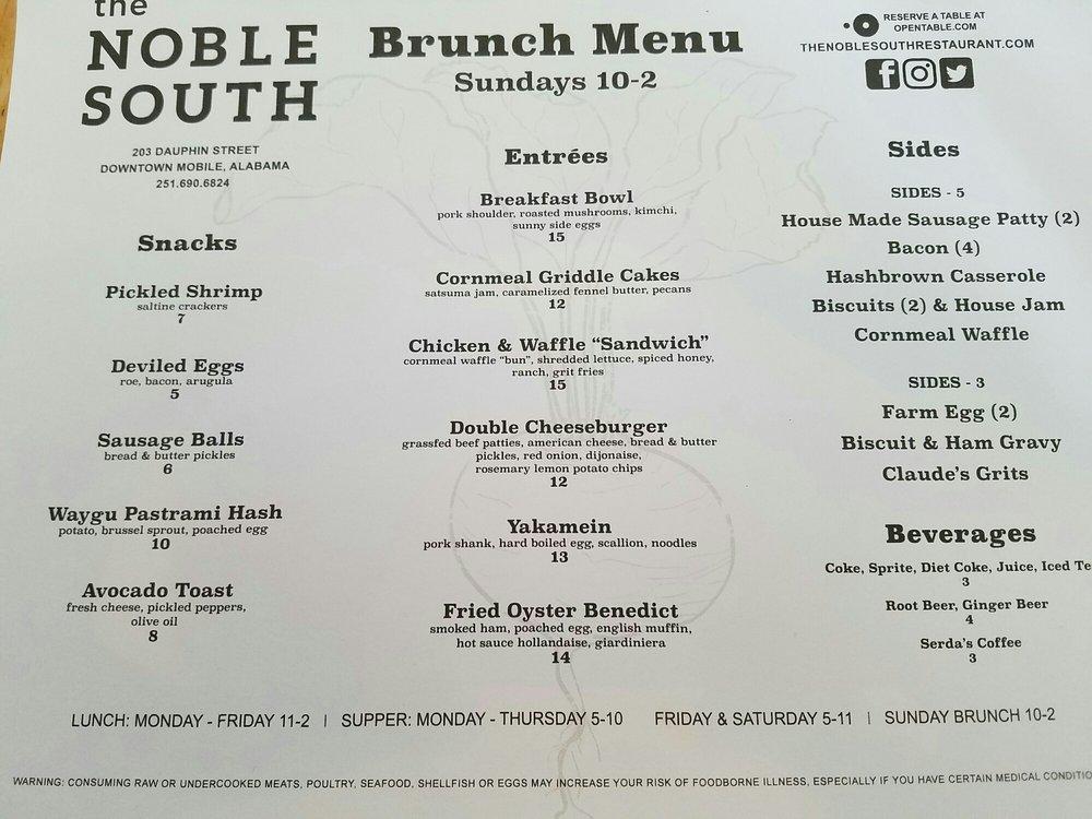 Menu at The Noble South restaurant, Mobile, 203 Dauphin St