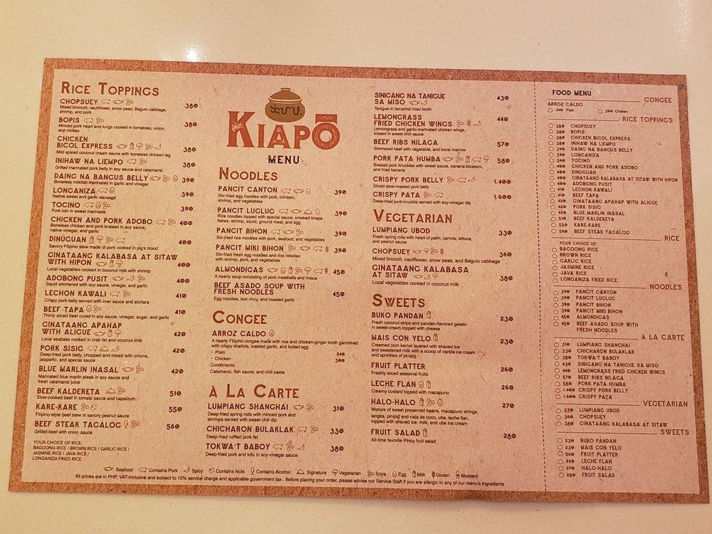 Menu at Kiapo restaurant, Parañaque, Okada Manila