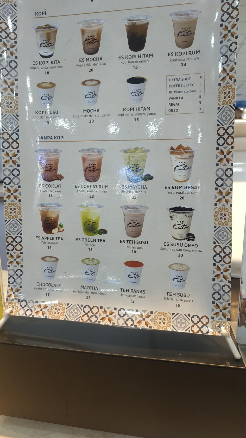 Menu at Kopi Kita, Central Jakarta