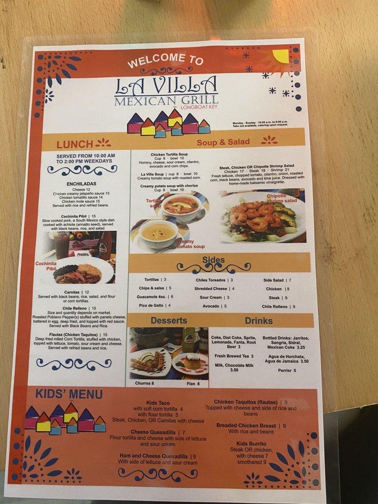 Menu at La Villa Mexican Grill Longboat Key restaurant, Longboat Key