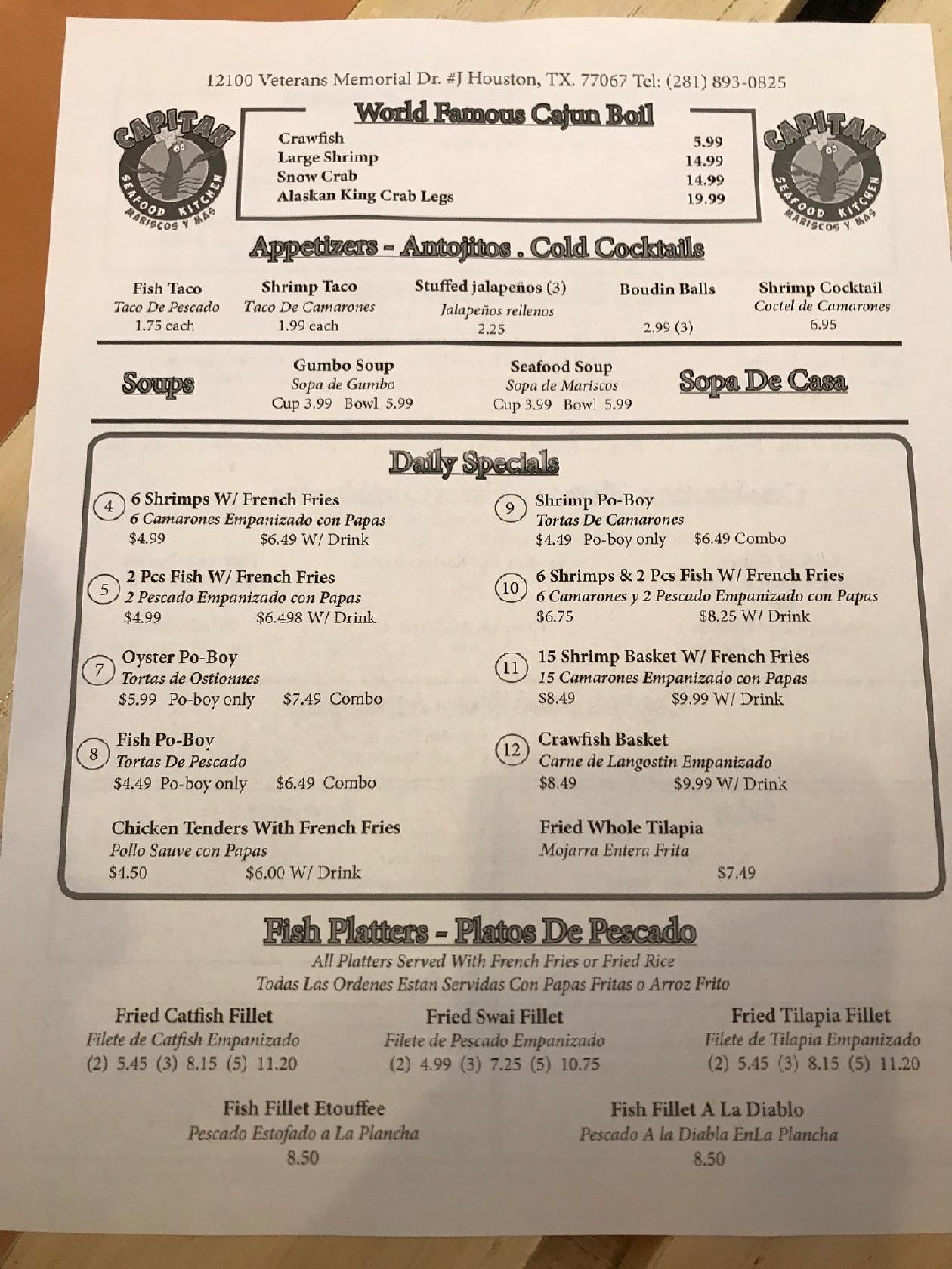 Menu at Capitan Seafood Kitchen restaurant, Houston, Veterans Memorial ...