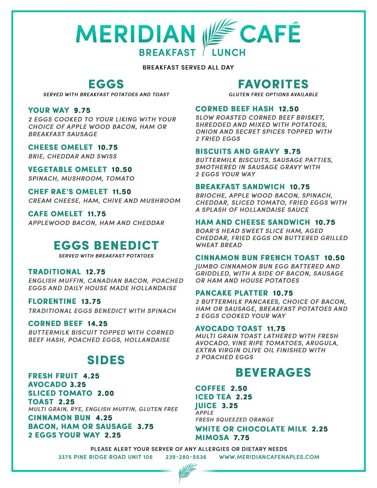 Menu at EJ's Meridian Cafe, Naples